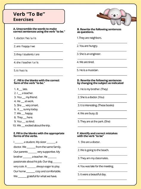 Verb To Be Exercise Worksheet Yellow Cute Simple Style Pdf