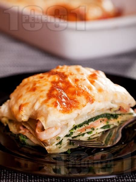 Лазаня от готови кори с морски дарове скариди калмари спанак и