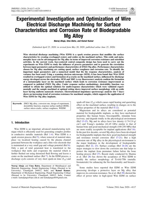 Pdf Experimental Investigation And Optimization Of Wire Electrical Discharge Machining For