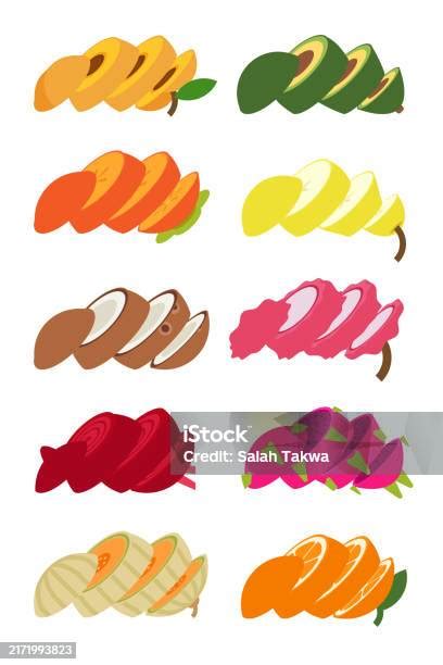 얇게 썬 과일 세트 살구 아보카도 감 배 코코넛 리치 사탕무 살이 붙은 드래곤 과일 멜론 멜론 오렌지 간단한 평면 벡터 일러스트 레이 션의 단면 가득 찬에 대한 스톡 벡터