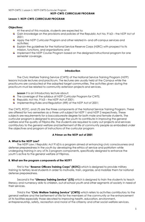 Lesson 1 Nstp Cwts Currricular Program Nstp Cwts Curricular Program