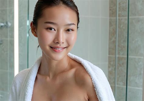 A Midshot Collage Of An Asian Woman With A Towel Showcasing Natural Beauty In A Bathroom Setting