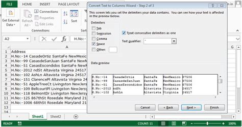 splitting a full address into three or more separate cells in microsoft excel