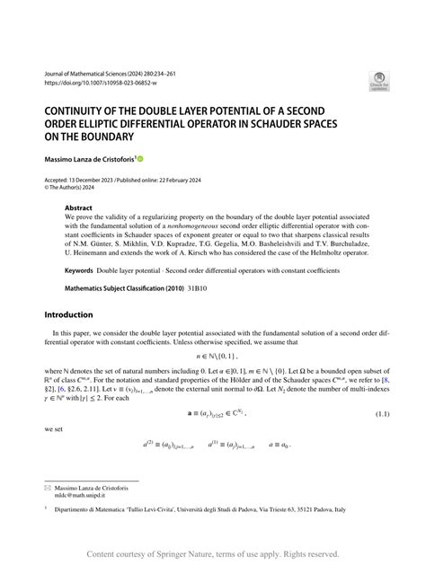 Pdf Continuity Of The Double Layer Potential Of A Second Order Elliptic Differential Operator