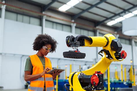Female Industrial Engineer Programming Robotic Arm In Factory Stock