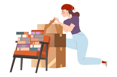 흰색 배경에 고립 된 새로운 장소 만화 벡터 일러스트로 이동 골판지 상자를 포장 하는 젊은 여자 벡터에 대한 스톡 벡터 아트 및 기타 이미지 Istock