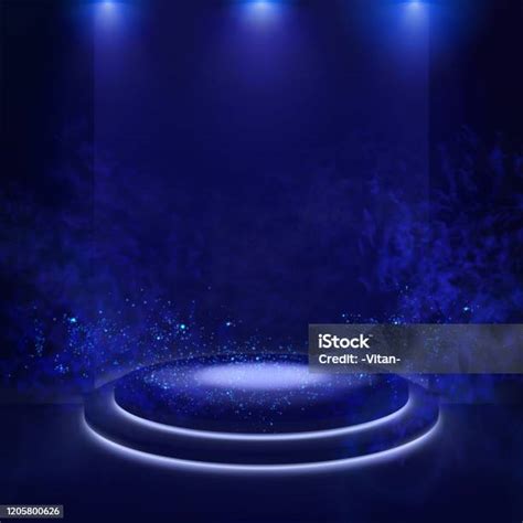 아름다운 조명과 연기로 빛나는 무대 검은 색 배경에 연기 볼륨 라이트 효과가있는 파란색 벡터 스포트라이트 경기장 흐림 프로젝터 안개 쇼 룸입니다 벡터 3차원 형태에 대한