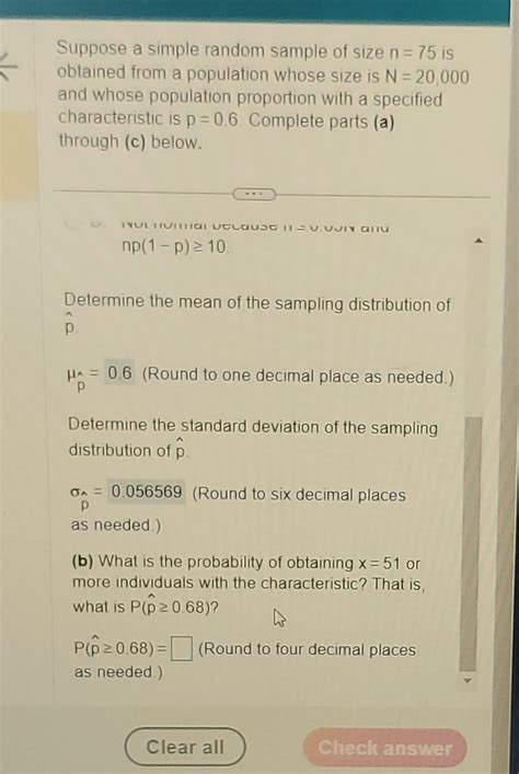 solved suppose a simple random sample of size n 75 is