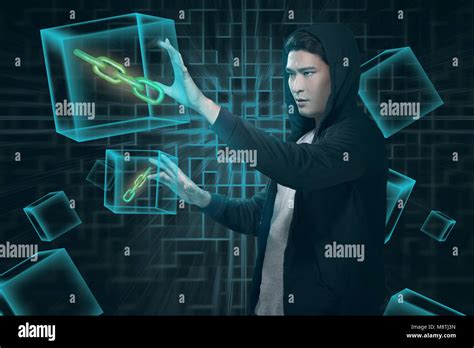 Young Asian Man With Virtual Blockchain Blockchain Technology Concept