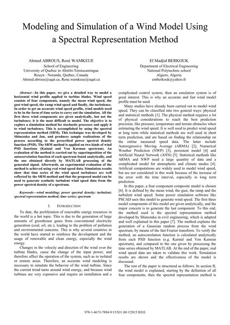 Pdf Modeling And Simulation Of A Wind Model Using A Spectral Representation Method