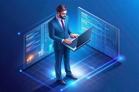 Flat 3d Isometric Businessman As A Programmer Working On Laptop To