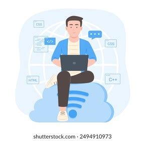 Programmer Man Sitting On Cloud Computing Stock Vector Royalty Free Shutterstock