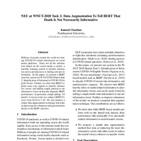 neu at wnut 2020 task 2 data augmentation to tell bert that death is not necessarily