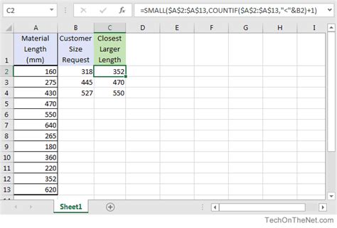 Ms Excel How To Find The Closest Larger Number In Unordered List Of Values