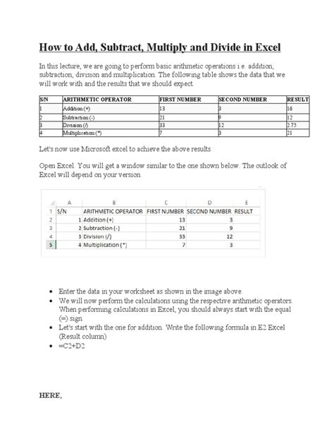 How To Add Subtract Multiply And Divide In Excel Sn Arithmetic Operator First Number Second