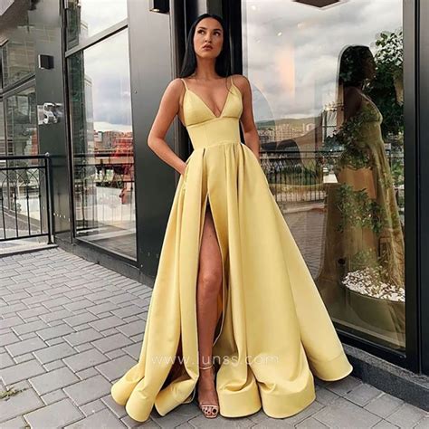 مشکی ساتن سکسی ساید چاک دار امپراتوری دور کمر V یقه لباس مجلسی Lunss