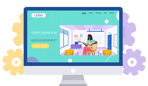 기타 연주 랜딩 페이지 템플릿 공부 의자에 앉아있는 기타를 가진 소녀는 수업에서 음악을 배웁니다 가구에 대한 스톡 벡터 아트 및