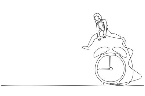 Single Continuous Line Drawing Businesswoman Jump Over Alarm Clock Wake Up Inspiration For New