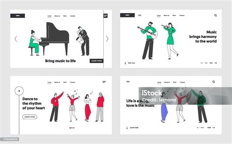 인기 및 클래식 음악 웹 사이트 방문 페이지 세트 악기와 함께 무대에서 공연하는 뮤지션 음악 웹 페이지 배너를 듣고 즐기는