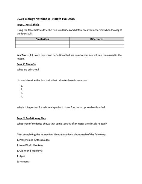 05 03 Primate Evolution 05 Biology Notebook Primate Evolution Page 1 Fossil Skulls Using The