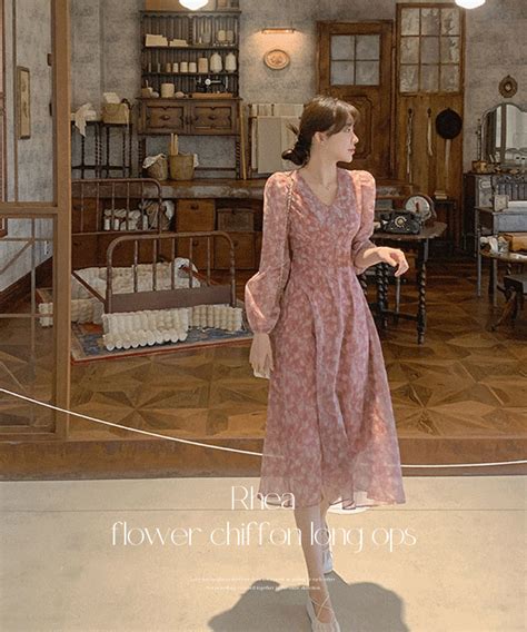 가디건세트코디완성 ︎ 레아 잔꽃 브이넥 퍼프 쉬폰 플라워 롱 원피스 가디건 세트