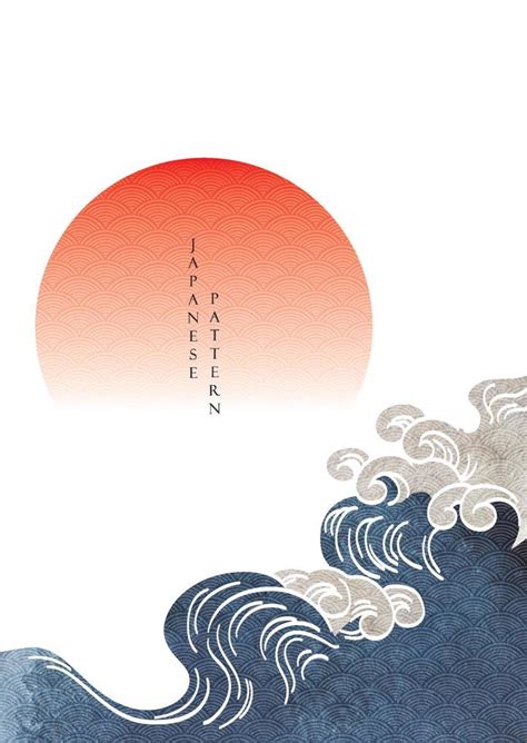 Sun And Ocean Sea Decoration With Japanese Wave Pattern Vector Oriental Background With Hand