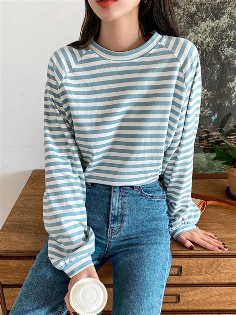 Striped Print Raglan Sleeve Tee Long Sleeve Shirt Outfits Casual