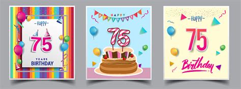 벡터 집합의 생일 초대장 인사말 카드 디자인 색종이와 풍선 생일 케이크 생일 축 하 파티에 대 한 다채로운 벡터 템플릿 요소 75주년 기념에 대한 스톡 벡터 아트 및 기타
