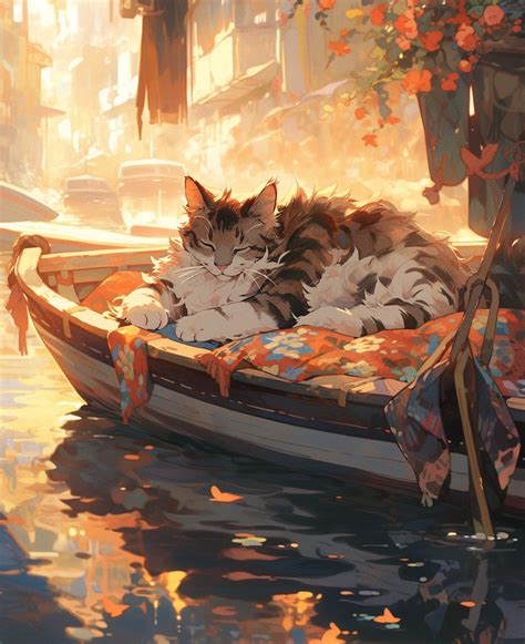Sleepy Cat Calm Cat Art Sleepy Cat Art Sunset With Fluffy Cat
