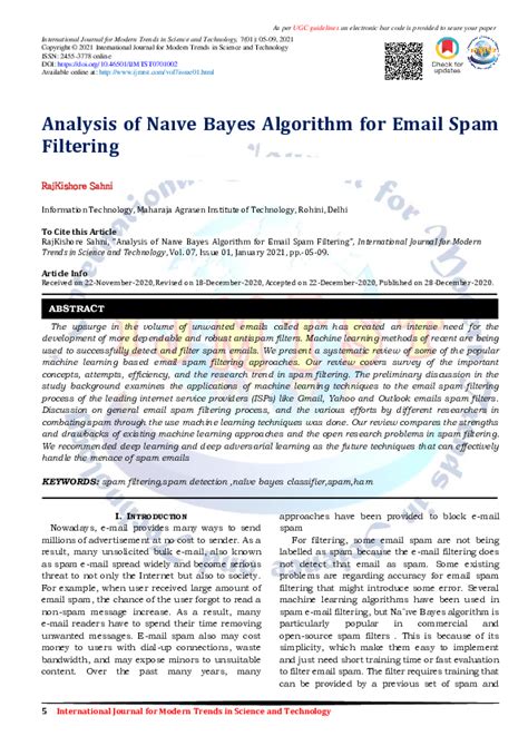 Pdf Analysis Of Naıve Bayes Algorithm For Email Spam Filtering