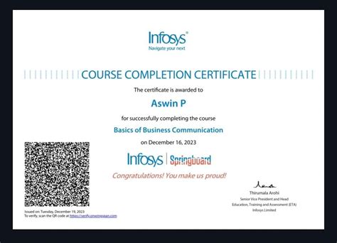 Completed Basic Business Communication Course From Infosys Aswin P