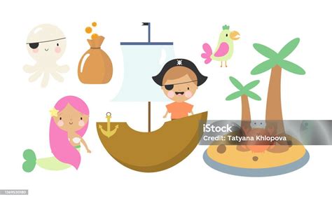 해적 문어 인어 해적선 앵무새 섬 금 가방 게와 벡터 해적 세트 만화 스타일의 일러스트레이션 파티 초대장 생일 카드 스티커 인쇄 등에 적합합니다 섬에 대한 스톡 벡터 아트