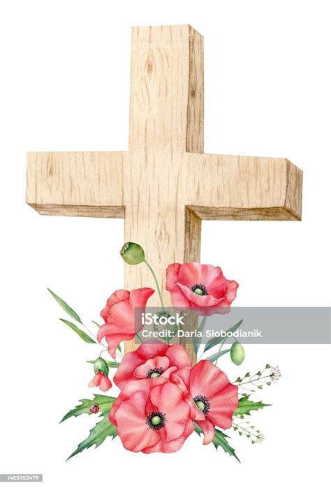 현충일 안작 데이를 위한 수채화 그림 손으로 그린 빨간 양귀비 꽃과 나무 십자가 우리가 잊지 않도록 Remembrance Day