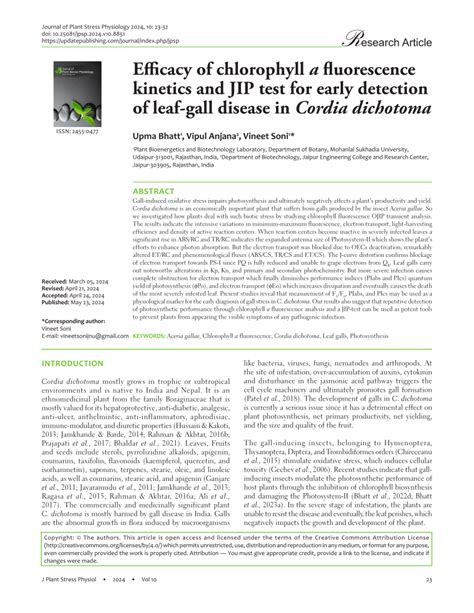Pdf Efficacy Of Chlorophyll A Fluorescence Kinetics And Jip Test For Early Detection Of Leaf