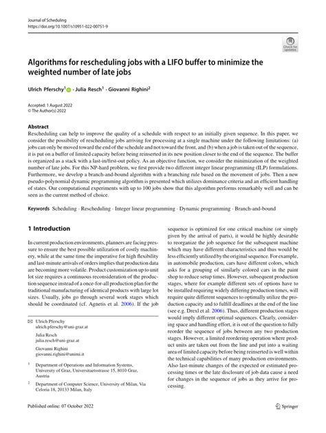 Pdf Algorithms For Rescheduling Jobs With A Lifo Buffer To Minimize The Weighted Number Of