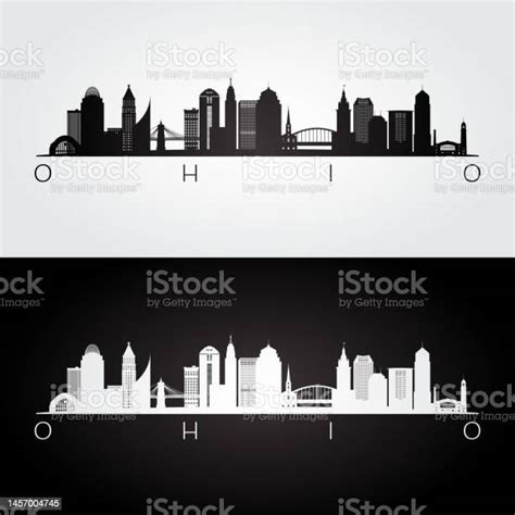 오하이오 주 스카이라인과 랜드마크 실루엣 흑백 디자인 벡터 그림입니다 클리블랜드 오하이오에 대한 스톡 벡터 아트 및 기타 이미지 클리블랜드 오하이오 스카이라인