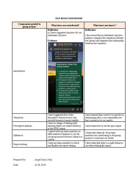 Self Reflection Report SELF REFLECTION REPORT Components Graded In Group Project What Have You