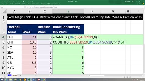 Excel Magic Trick 1354 Rank With Criteria Rank Football Teams By Total Wins And Division Wins