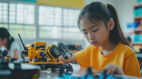 Asian Girls Enjoy Making And Fixing Electrical Robot Car And Learning Online Tutor Training