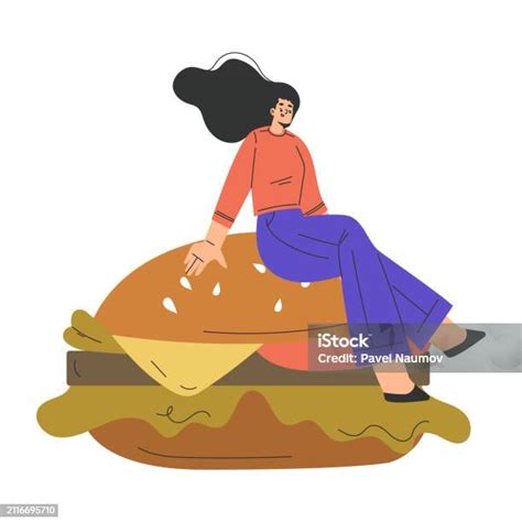 패스트 푸드 와 여자 캐릭터 앉아 통하고 있는 큰 햄버거 벡터 일러스트 미식가에 대한 스톡 벡터 아트 및 기타 이미지 미식가 다중 색상 테이크아웃 음식 Istock
