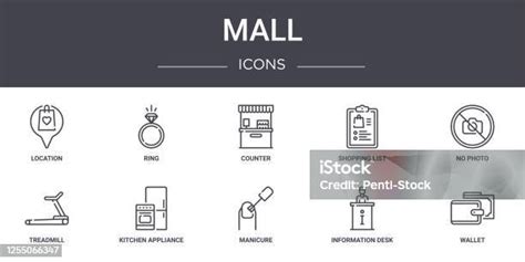 쇼핑몰 컨셉 라인 아이콘 세트 웹 로고 반지 쇼핑 목록 러닝머신 매니큐어 정보 데스크 지갑 사진 카운터와 같은 Ui Ux에 사용할 수 있는 아이콘이 포함되어 있습니다 날씬