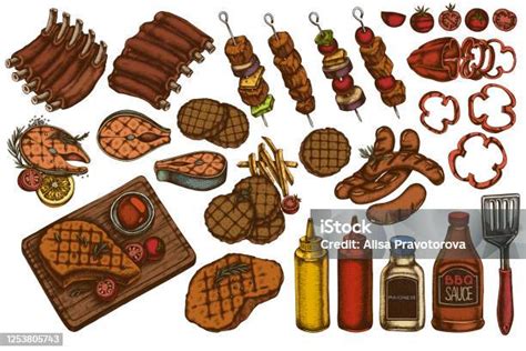 손으로 그린 주걱 돼지 갈비 케밥 소시지 스테이크 소스 병 구운 햄버거 패티 구운 토마토 구운 연어 스테이크 구운 피망의 벡터 세트 바비큐에 대한 스톡 벡터 아트 및 기타