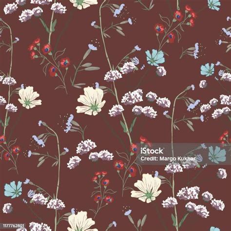 꽃 꽃 매끄러운 패턴입니다 피는 식물 모티프는 무작위로 흩어져 있습니다 낙서 요소가 있는 벡터 텍스처입니다 패션 프린트에 적합합니다 빨간 배경에 손으로 그린 야생 꽃과 가지