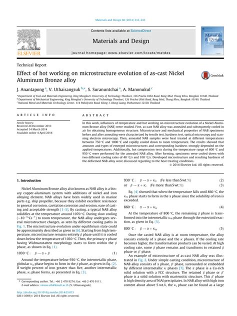 Effect Of Hot Working On Microstructure Evolution Of As Cast Nickel Aluminium Bronze Alloy Pdf