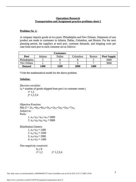 assignment transportation sheet 2 pdf supply chain applied mathematics