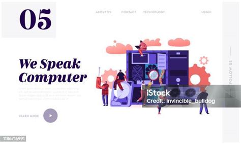 Pc 하드웨어 고정 서비스 웹 사이트 방문 페이지 작은 사람들 문자 정보 기술 엔지니어 수리 개인용 컴퓨터 시스템 구성 요소 웹 페이지 배너 만화 플랫 벡터 일러스트 개념에