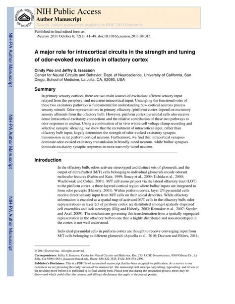 Pdf A Major Role For Intracortical Circuits In The Strength And Tuning Of Odor Evoked
