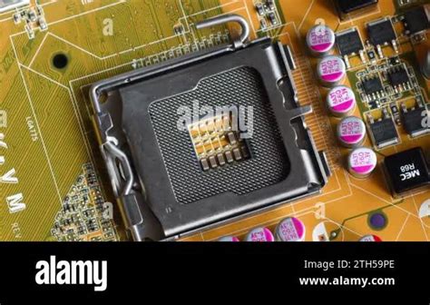 Close Up On CPU Socket Of A Modern PC Motherboard Printed Circuit Board Computer Motherboard