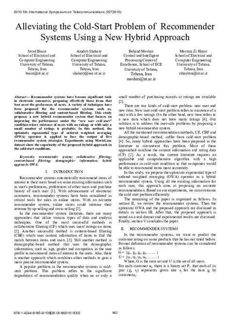 Pdf Alleviating The Cold Start Problem Of Recommender Systems Using A New Hybrid Approach