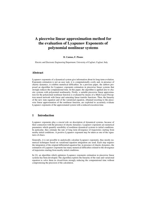 Pdf A Piecewise Linear Approximation Method For The Evaluation Of Lyapunov Exponents Of